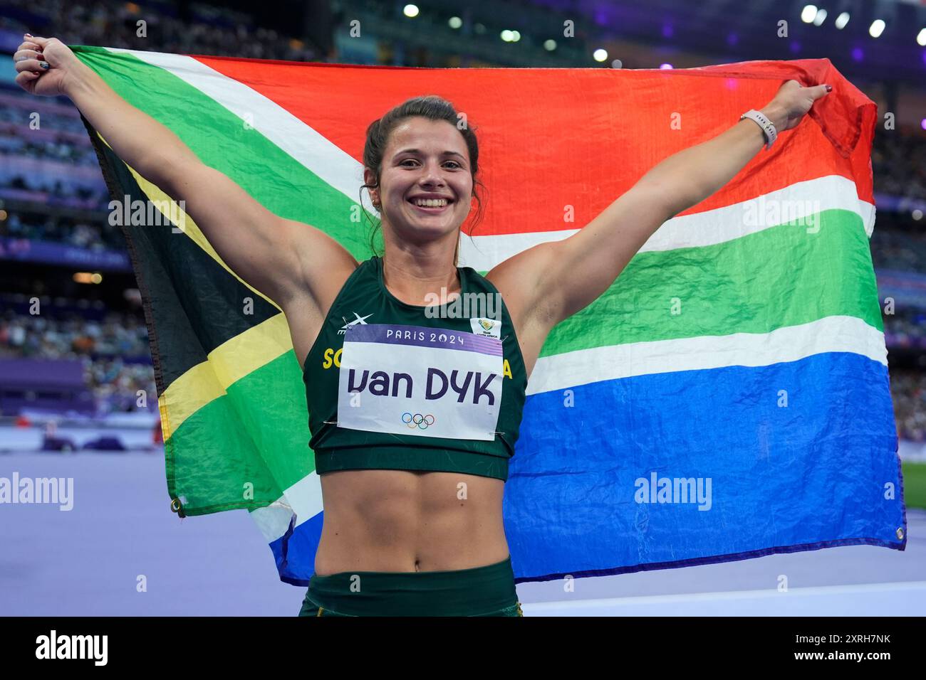 Jo-Ane van Dyk, of South Africa, reacts to her second place finish in the women's javelin throw ...