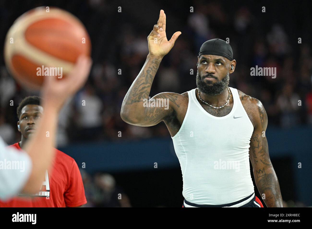 LeBron James warming up before the start of Team USA match against Team ...