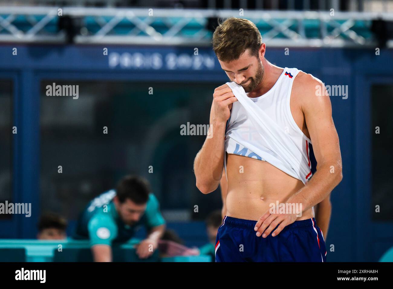 Anders Mol of, Norway. , . looks dejected in the men's bronze medal beach volleyball match ...