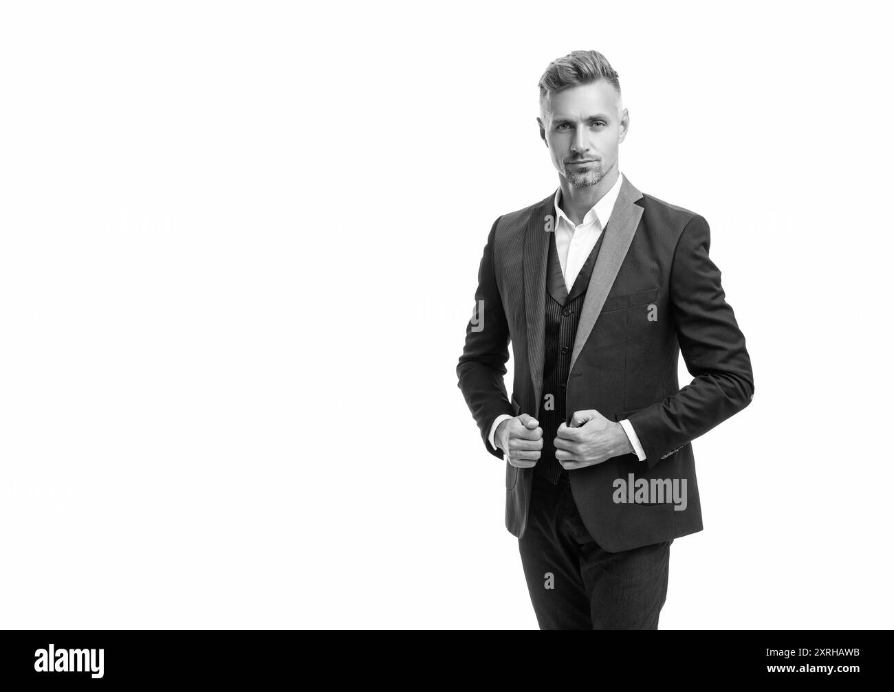 grizzled man in formal tux isolated on white with copy space Stock ...