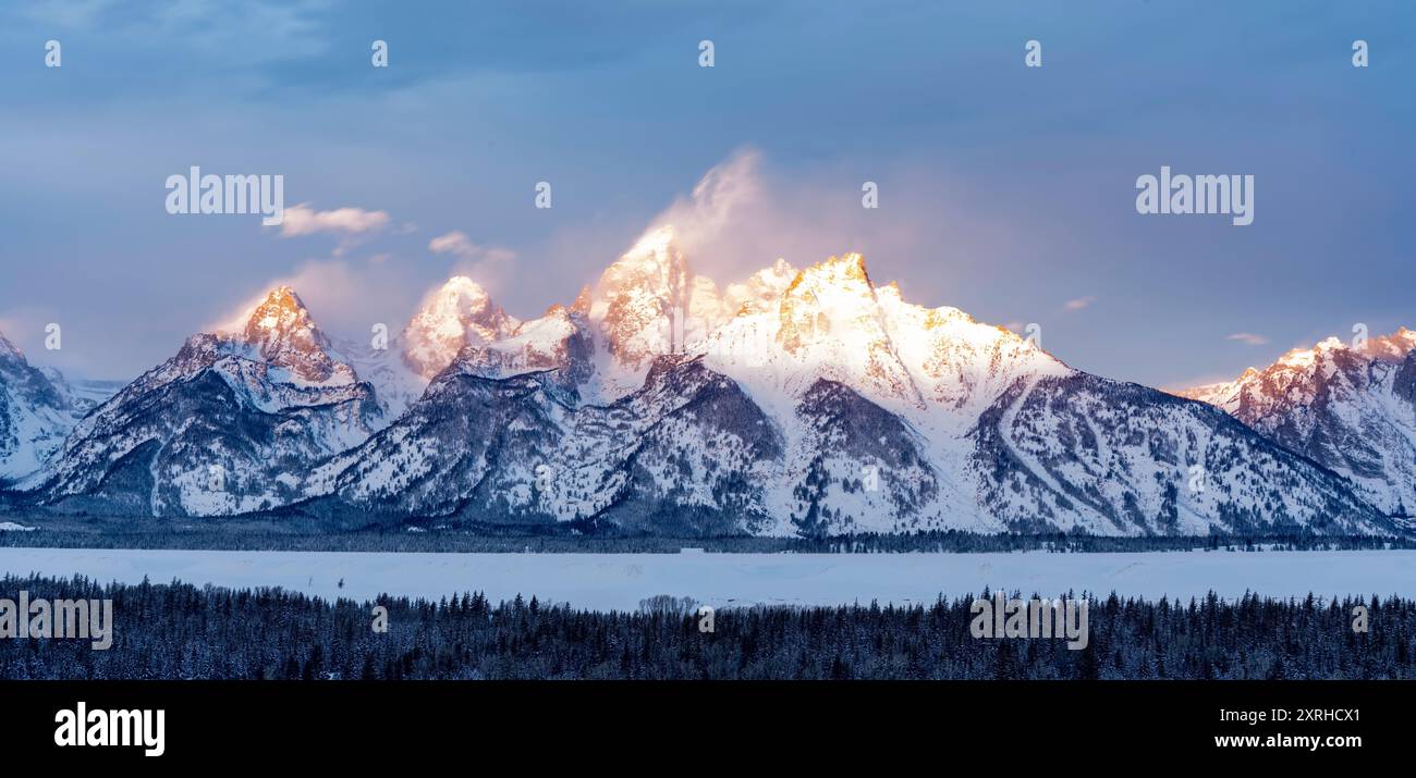 Grand Teton range sunrise on a cold winter morning, Grand Teton ...