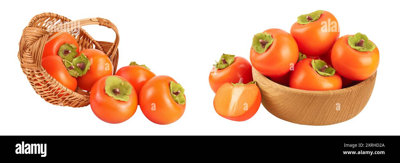 Persimmon fruit in wicker basket isolated on white background with full ...