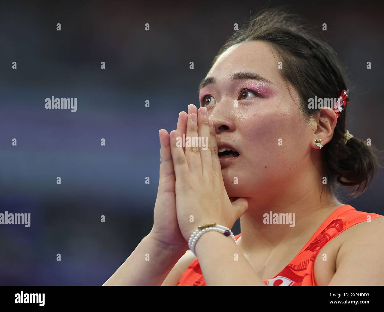 Paris, France. 10th Aug, 2024. Kitaguchi Haruka of Japan reacts after the women's javelin throw ...