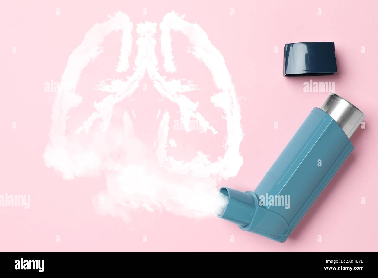 Asthma inhaler and illustration of lungs on pink background, top view ...