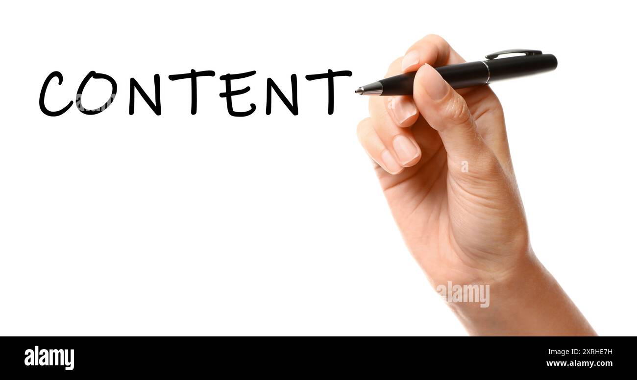 Word Content written by woman on glass against white background, banner ...