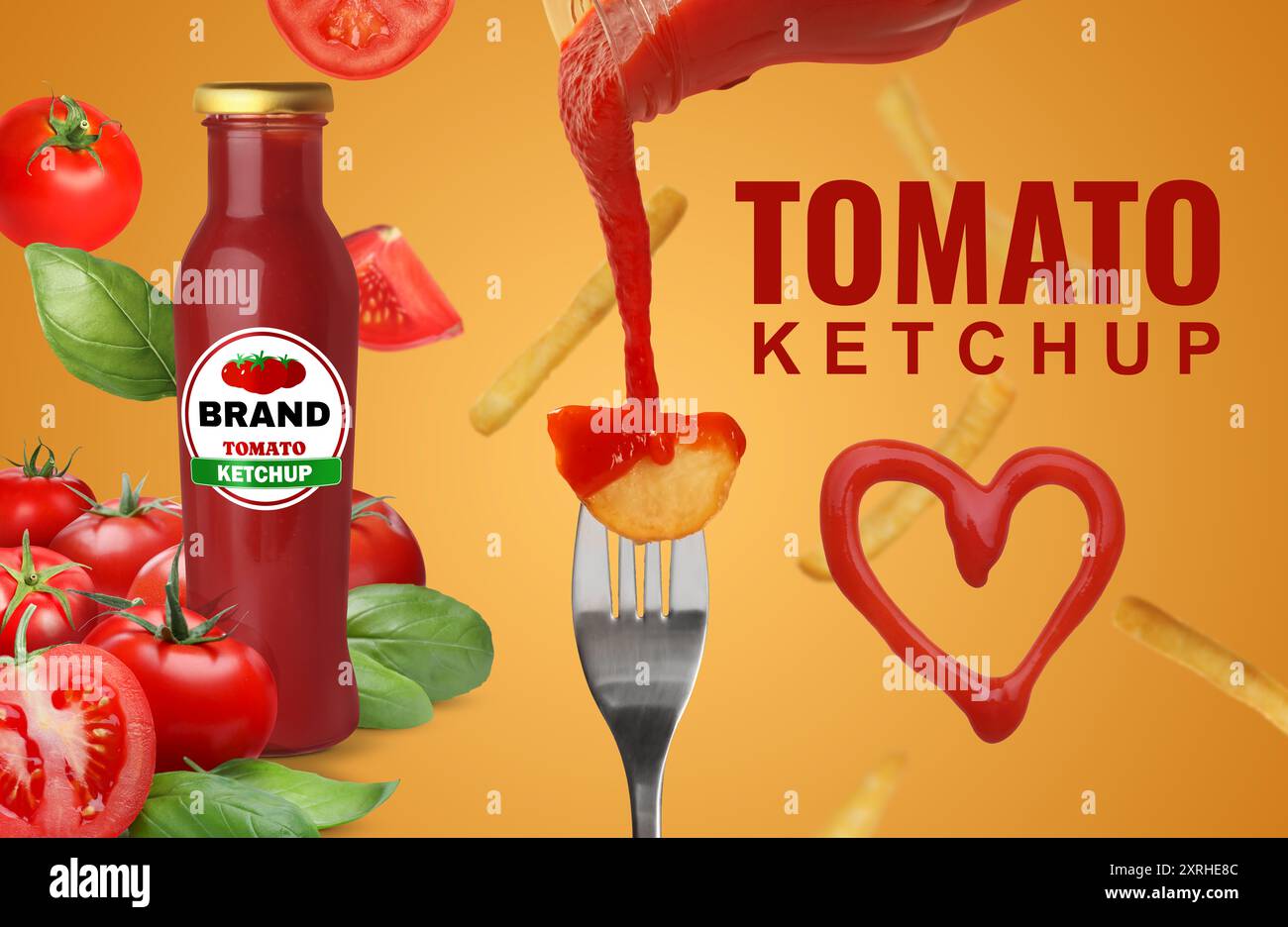 Ketchup advertising poster. Pouring sauce onto baked potato, bottle and ...
