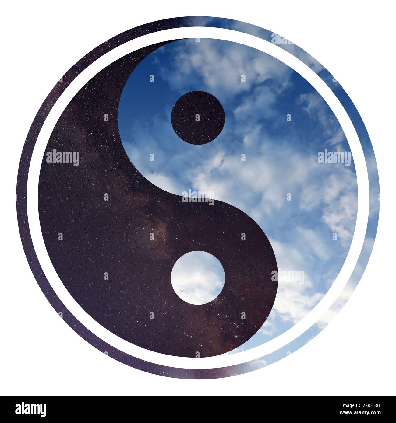 Yin and yang symbol with sky at night and day inside on white ...
