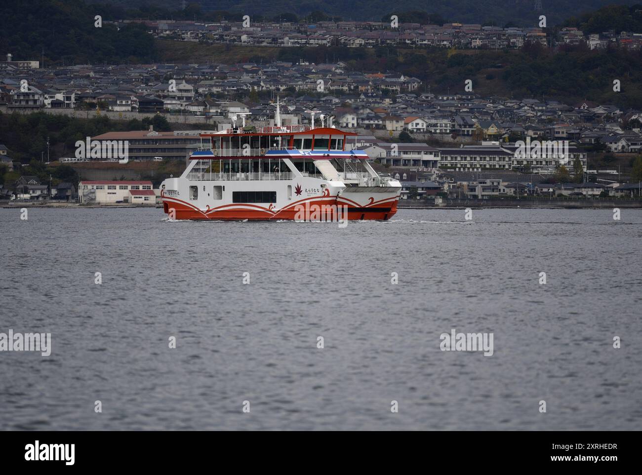 Landscape with scenic view of the JR West Miyajima Maru Ferry boat ...