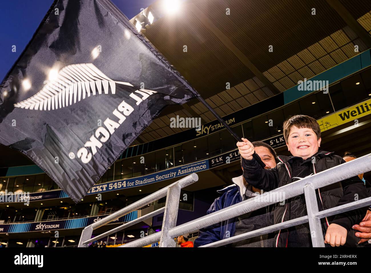 Wellington, New Zealand, 10 August, 2024. A young All Blacks fan poses ...