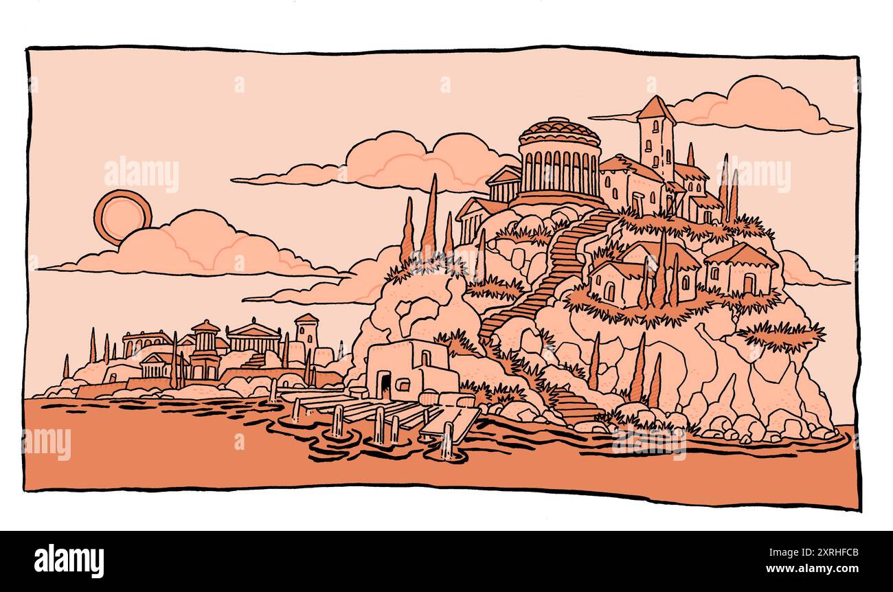 Ancient Greek landscape with buildings, columns and stairs, sea with ...