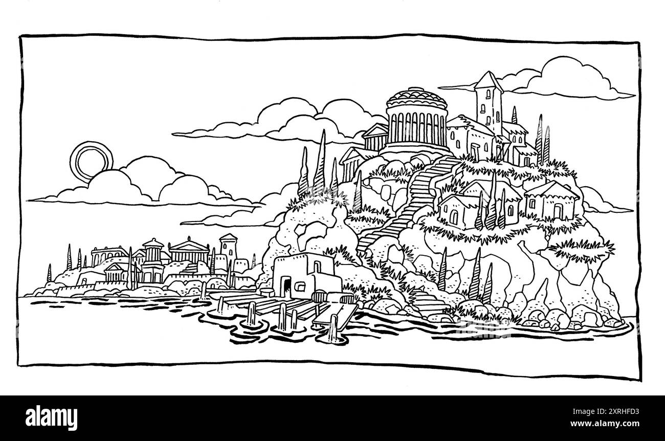 Ancient Greek landscape with buildings, columns and stairs, sea with ...