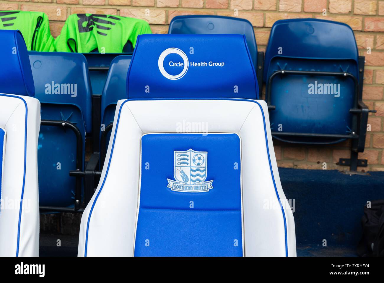 Club crest on a dug-out seat at Southend United Football Club at their ...