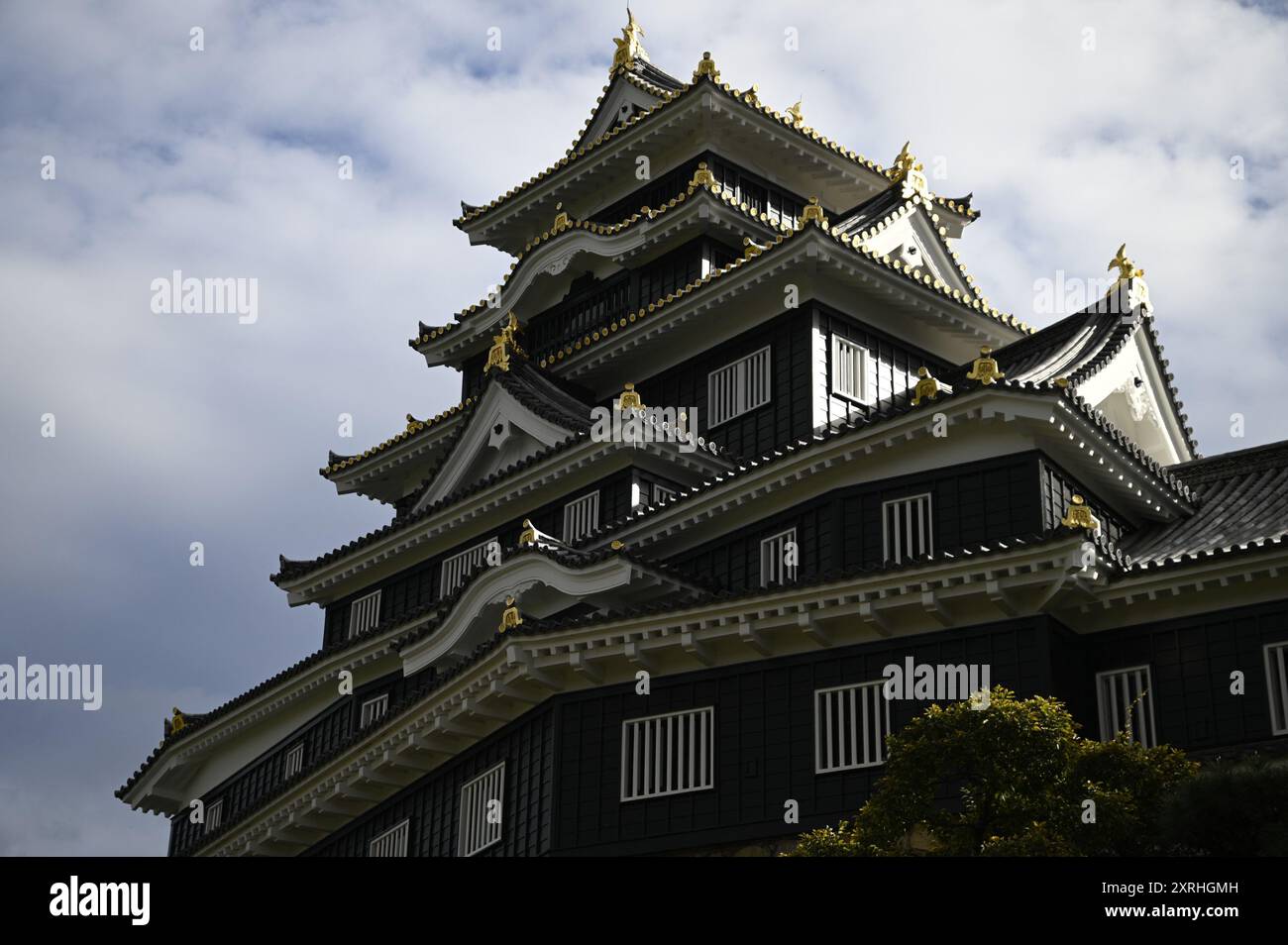 Landscape with panoramic view of the Okayama-jō with the Donjon Tower ...