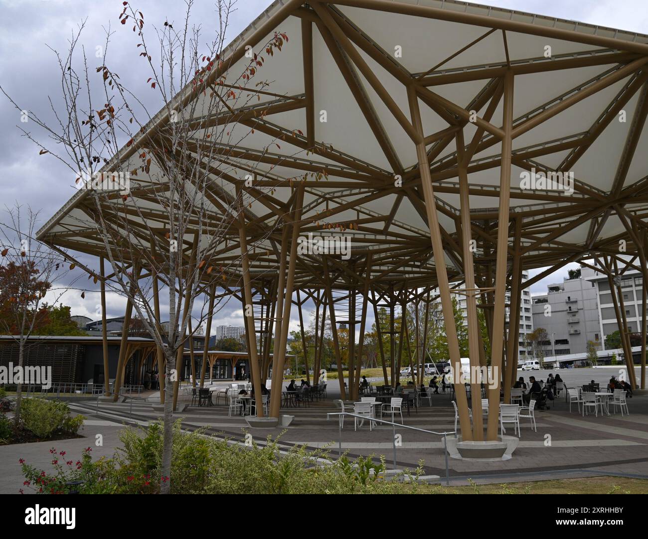 Landscape with scenic view of an open air cafe on the grounds of ...