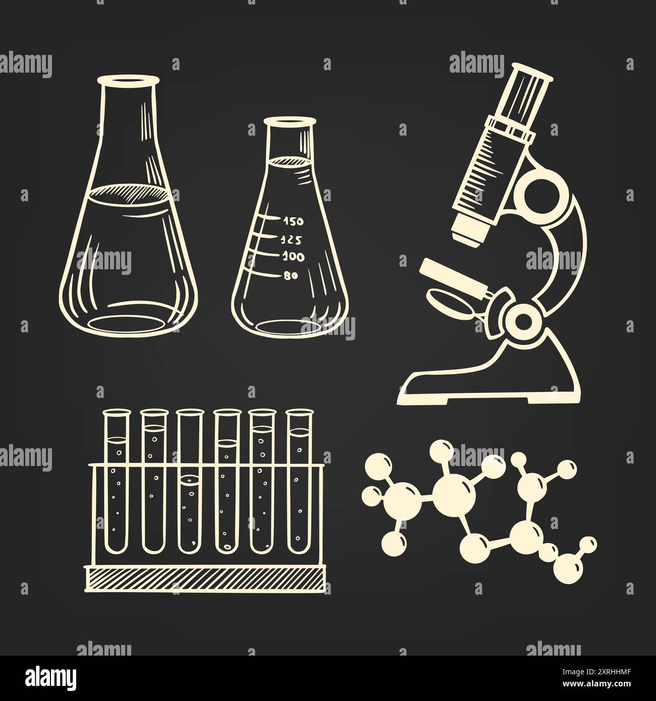 A set of sketches for chemistry lessons microscope, molecules, flasks ...