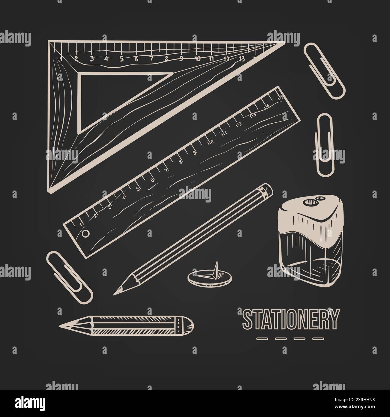 Sketch set of stationery square, ruler, sharpener, paper clips, pencils ...