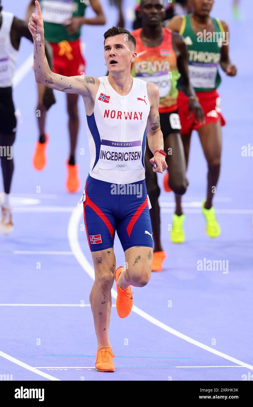 Paris, France, 10 August, 2024. Jakob Ingebrigtsen of Norway wins the ...