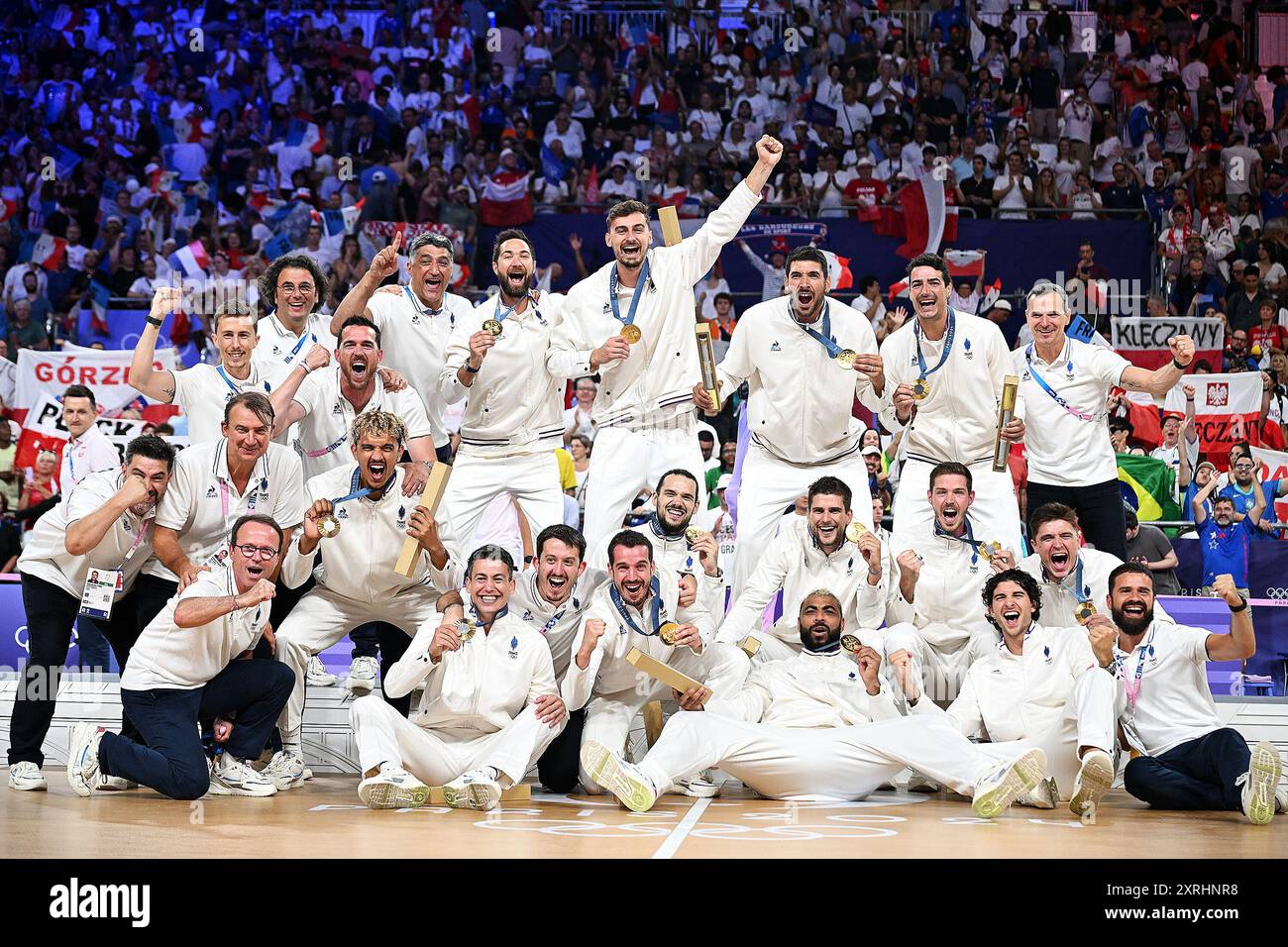 Paris, France. 10th Aug, 2024. Gold medalists team France pose for ...