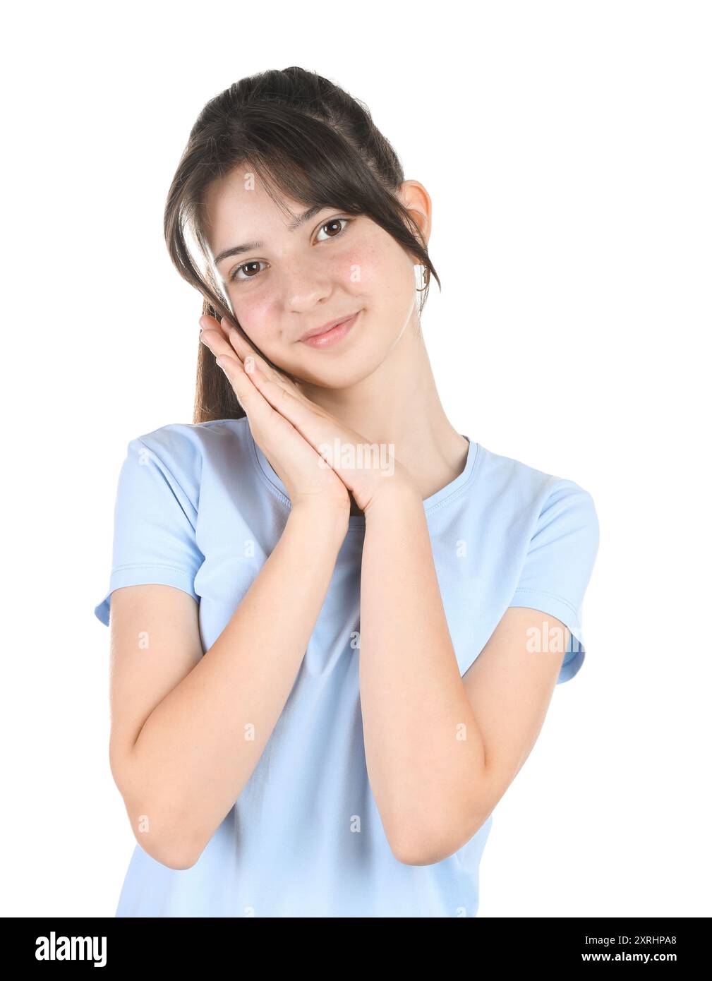 Portrait of cute teenage girl on white background Stock Photo - Alamy