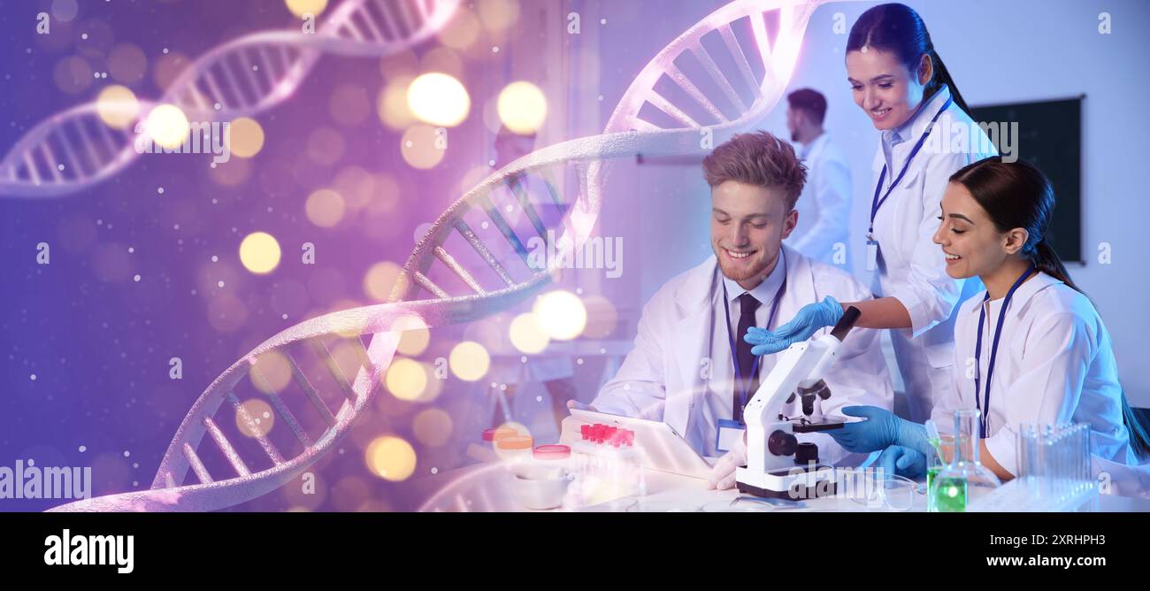 Scientists working in laboratory and illustrations of DNA, double ...