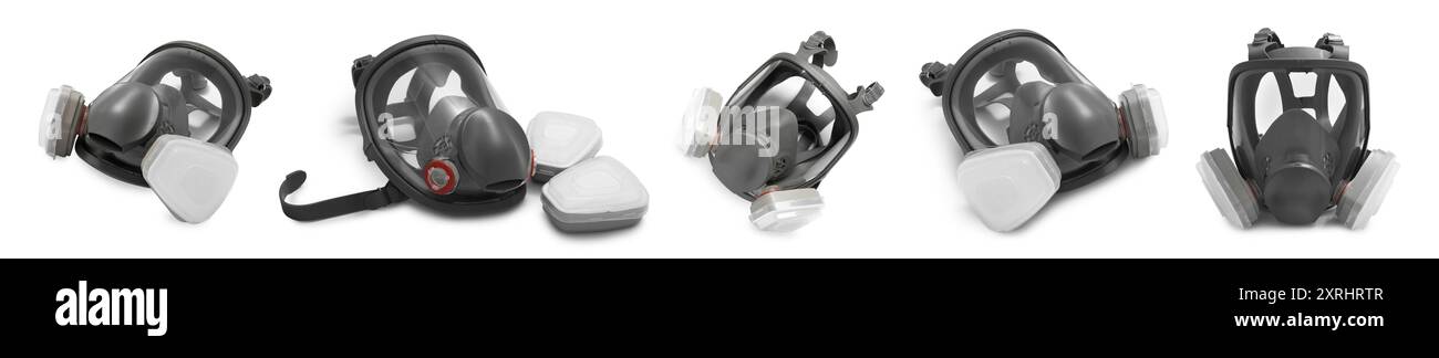 Respirator with replaceable filters isolated on white, collage Stock ...