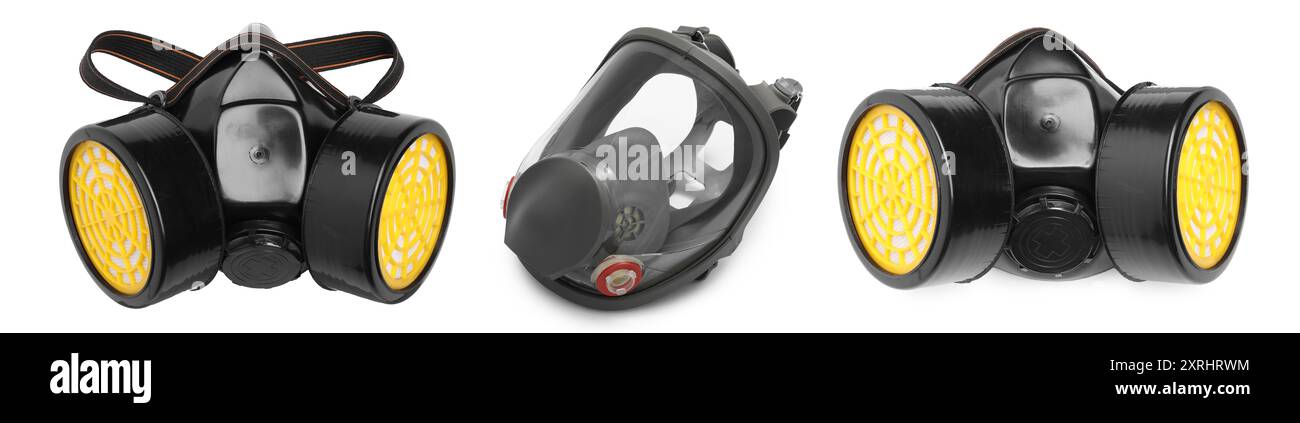 Respirators with replaceable filters isolated on white, collage Stock ...