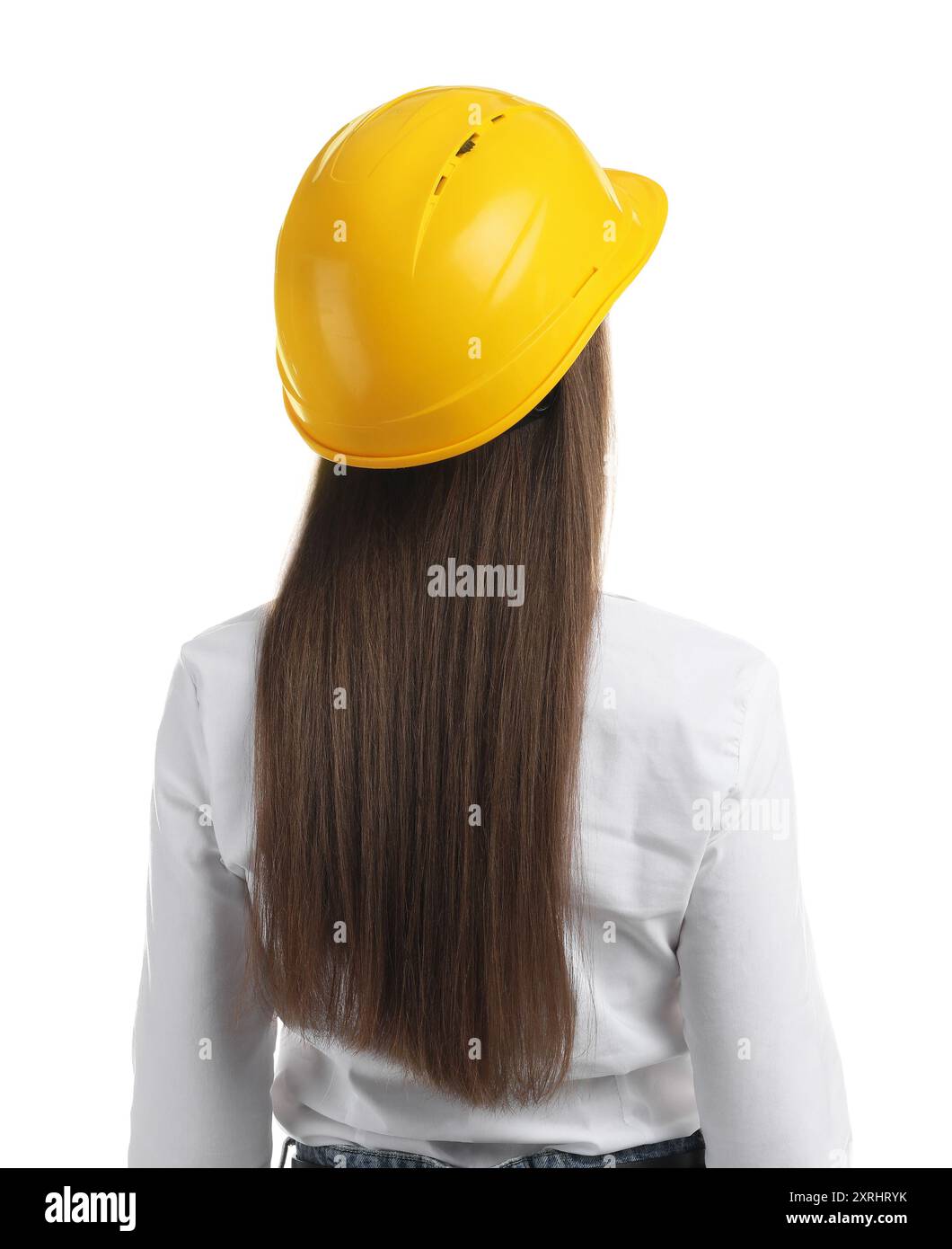 Engineer in hard hat on white background, back view Stock Photo - Alamy