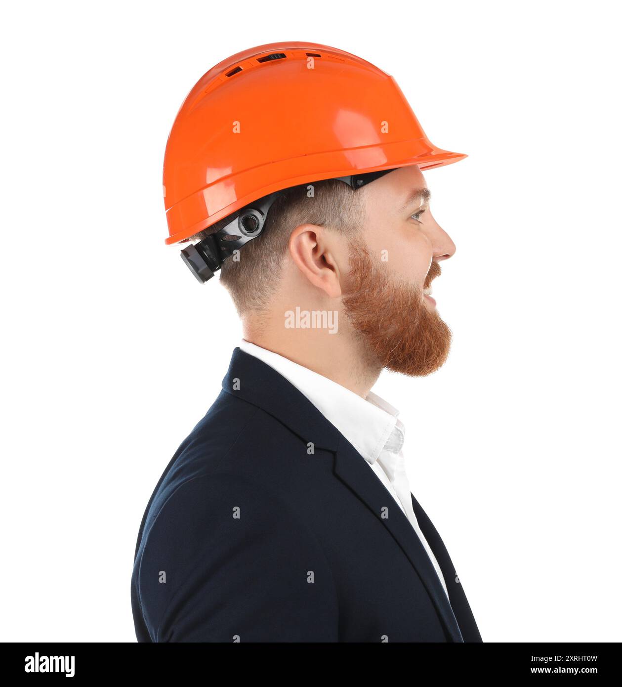 Engineer in hard hat on white background Stock Photo - Alamy