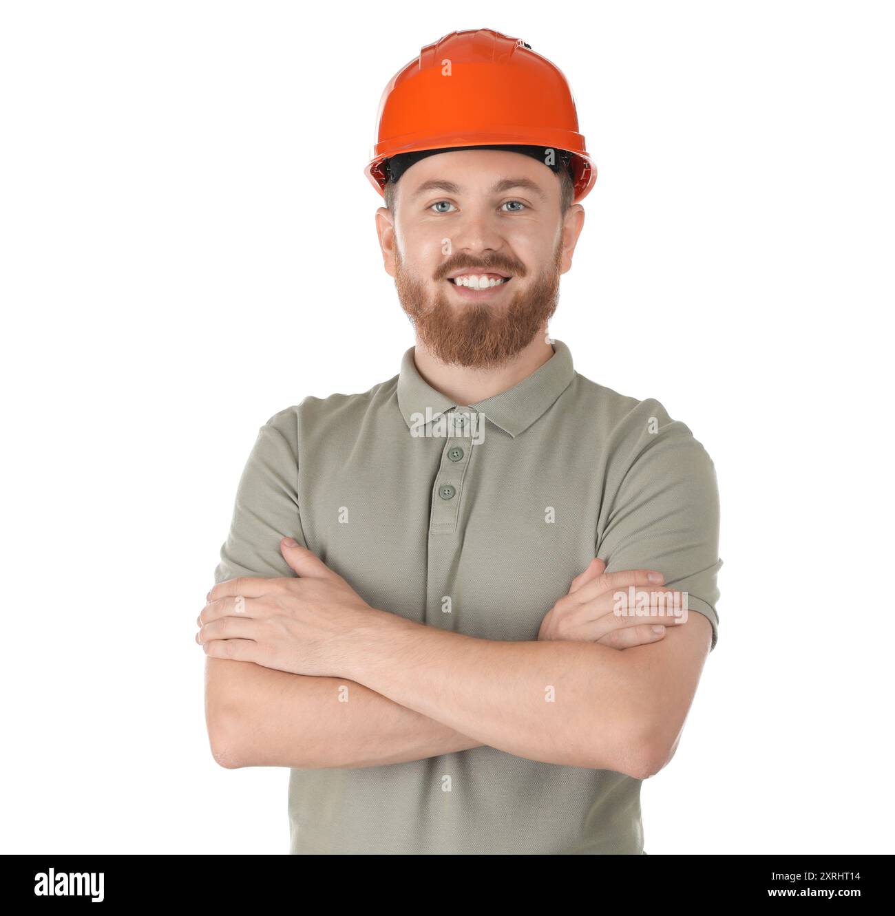 Engineer in hard hat on white background Stock Photo - Alamy