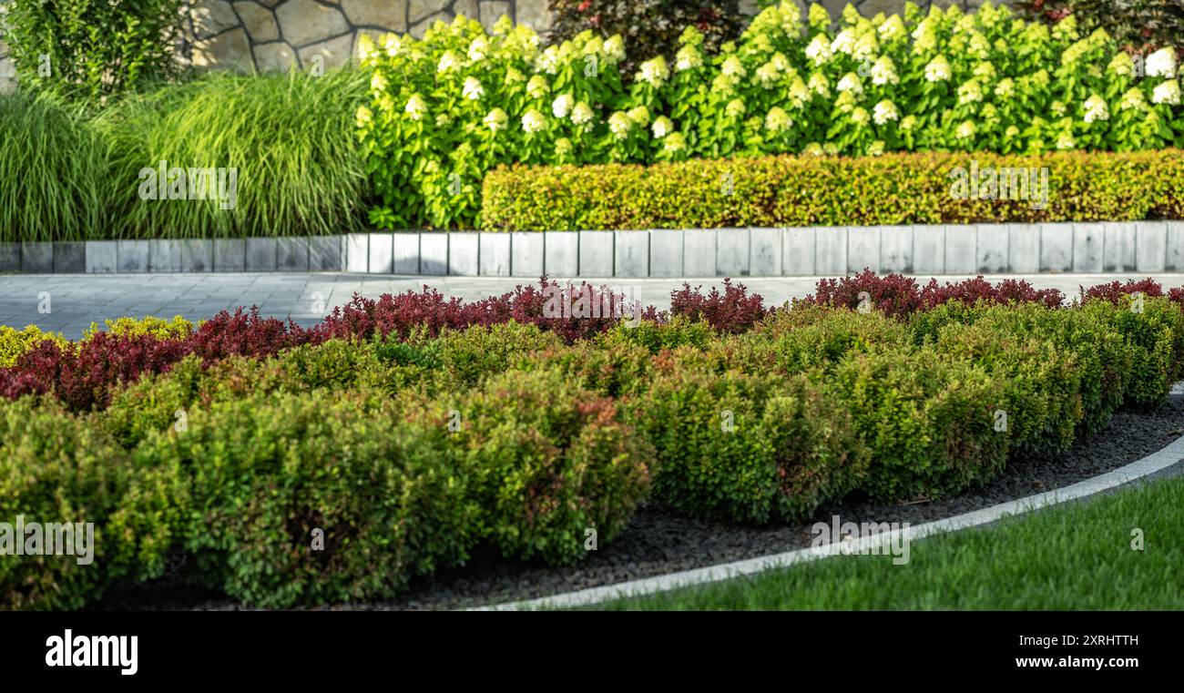 A vibrant garden features lush green grass, colorful shrubs, and ...