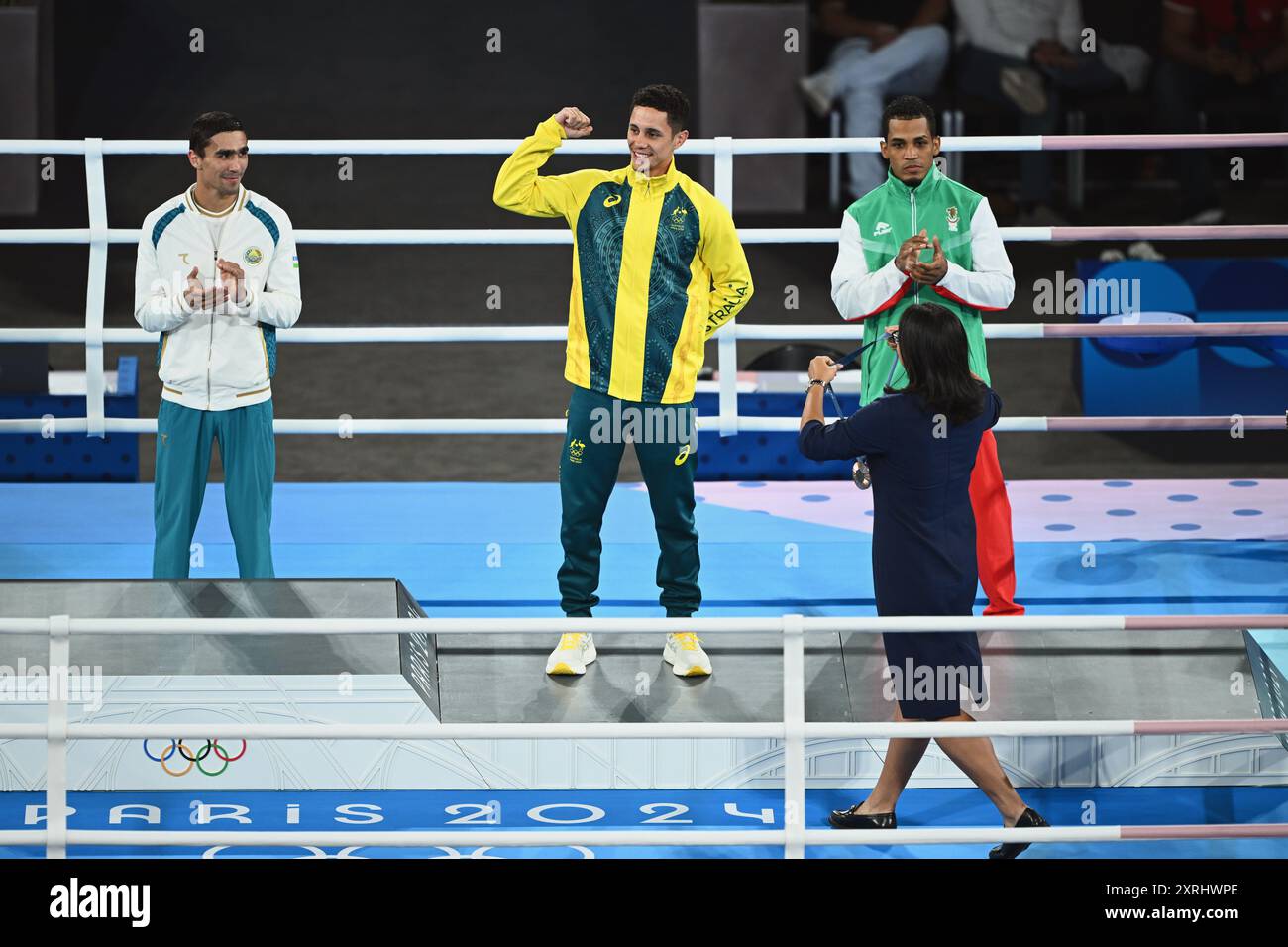 Paris, France. 10th Aug, 2024. (L-R) Gold medallist Uzbek boxer ...