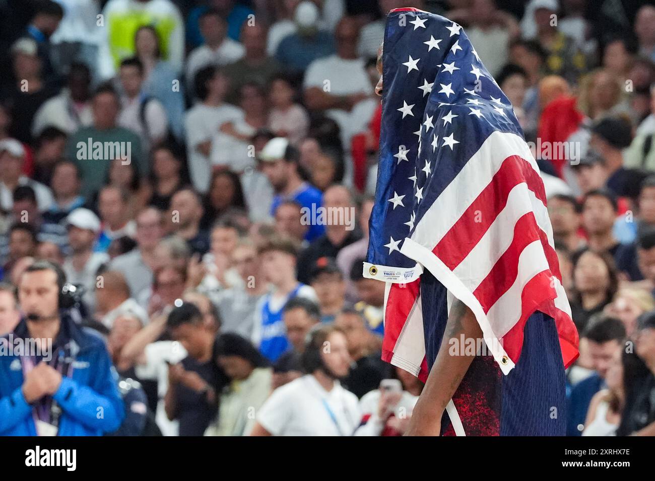 Paris, France. 10th Aug, 2024. Lebron James of the USA (6) wears an ...