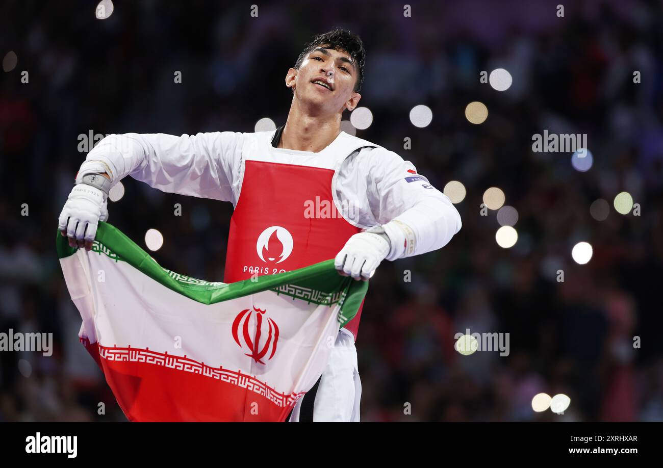 Paris, France. 10th Aug, 2024. Arian Salimi of Iran celebrates after ...