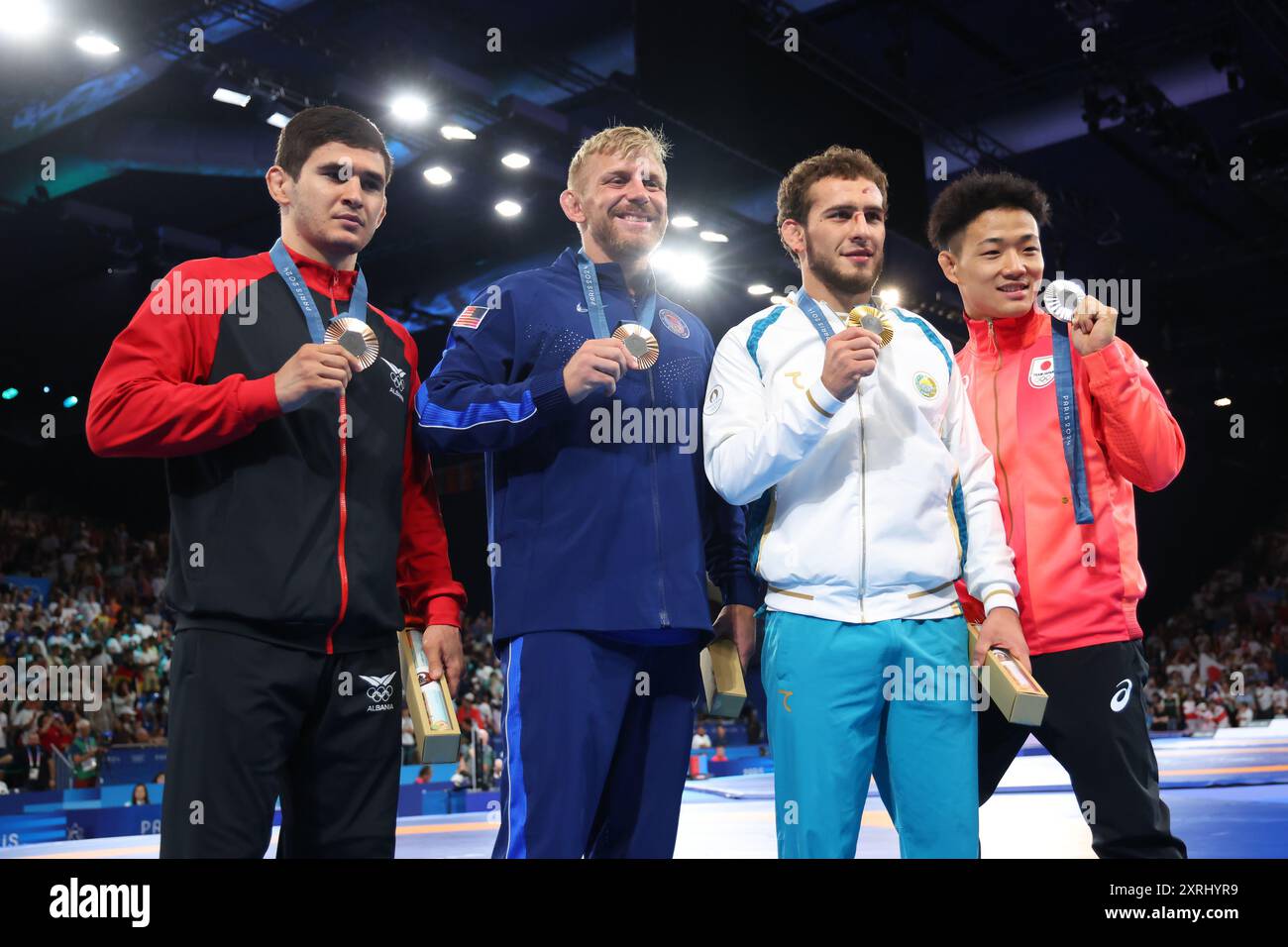 Paris, France. 10th Aug, 2024. (L-R) Chermen Valiev (ALB), Kyle Douglas ...