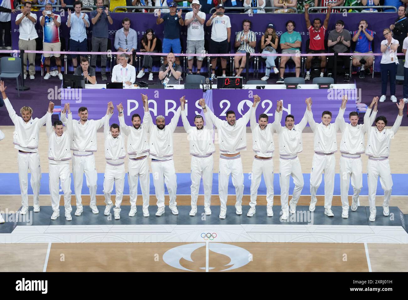 Paris, France. 10th Aug, 2024. Gold medalists team France attend the victory ceremony of men's ...