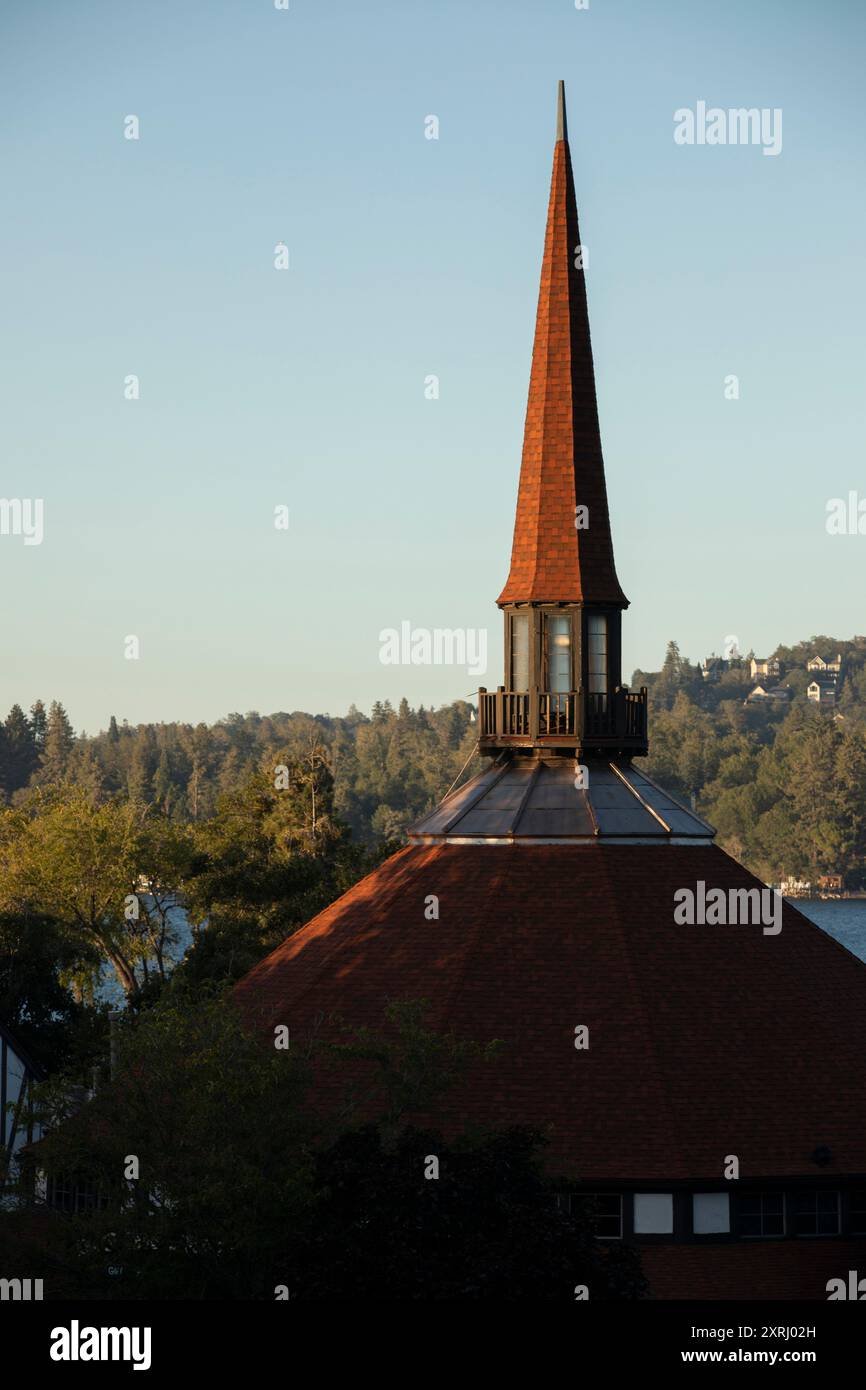 Sunset view of the historic lakefront buildings of the downtown village ...