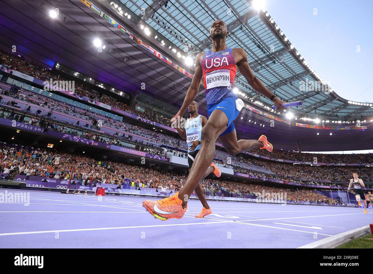 Paris, France. 10th Aug, 2024. Rai Benjamin of team USA reacts after the men's 4X400m relay ...