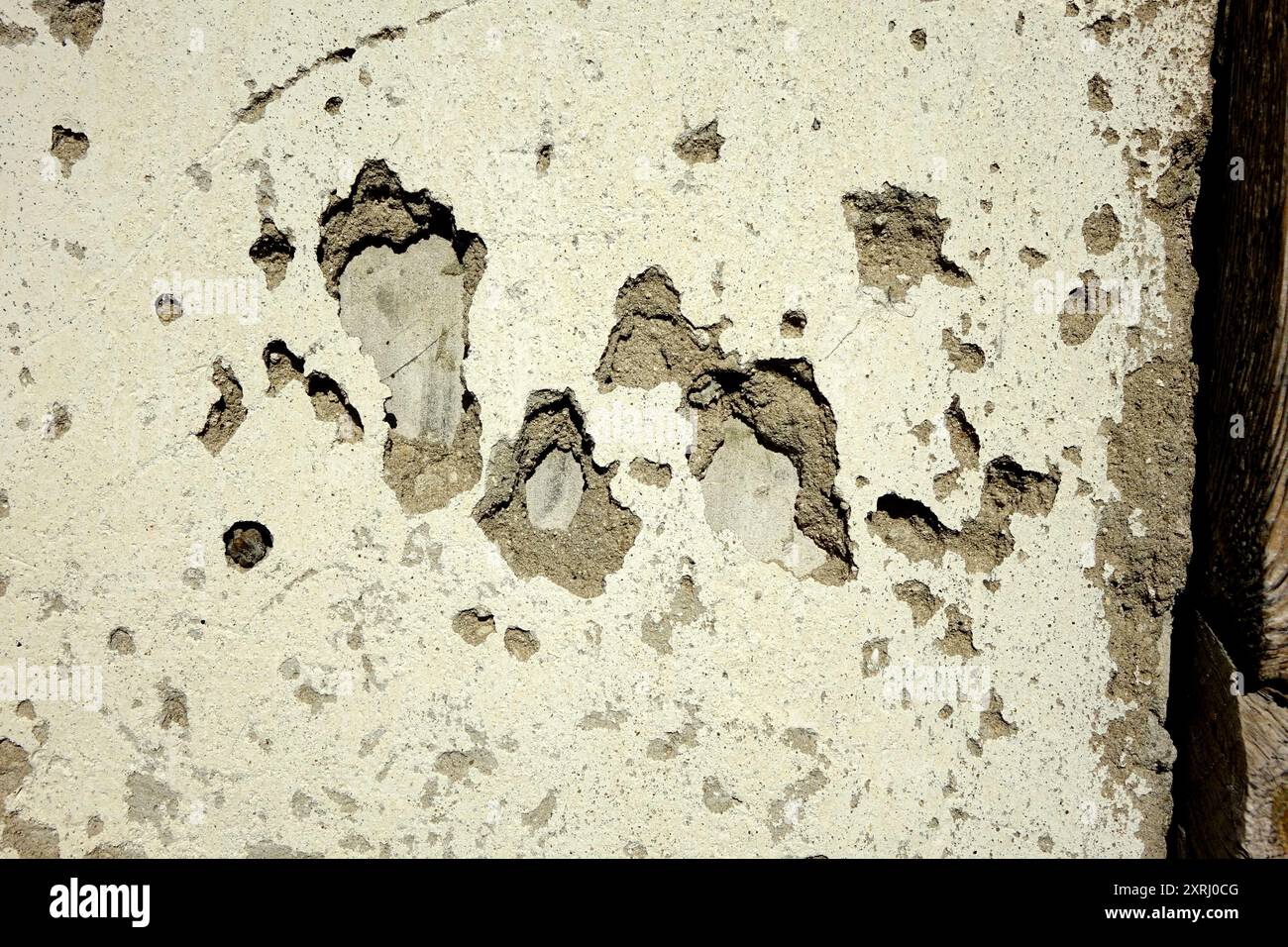 The plaster wall shows wear with patches and texture from age and ...