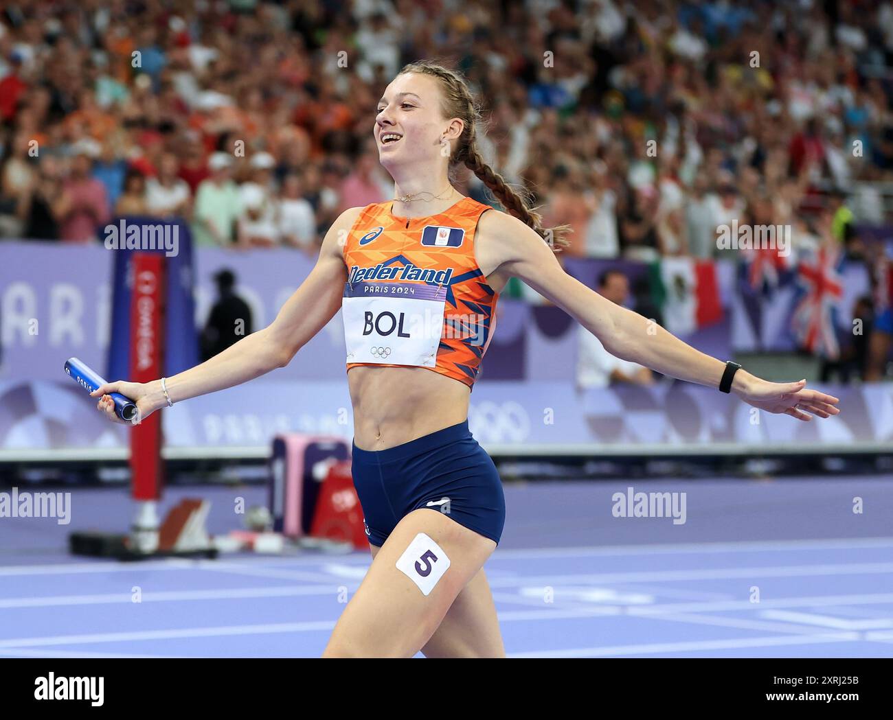 Paris, France. 10th Aug, 2024. Femke Bol of team the Netherlands reacts ...