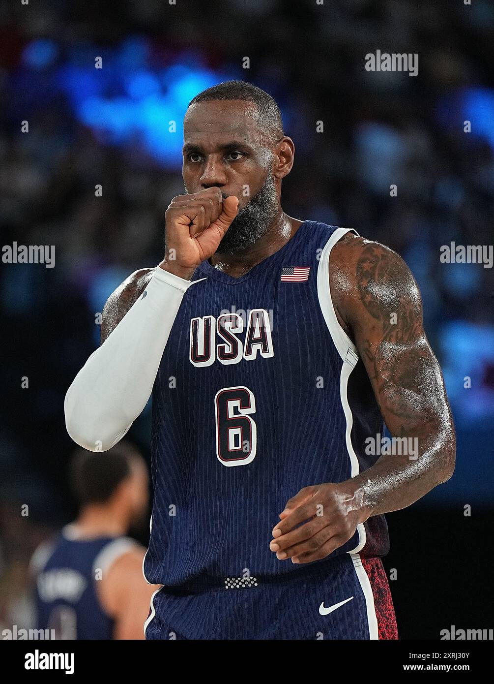 Paris, France. 10th Aug, 2024. LeBron James of the United States reacts ...