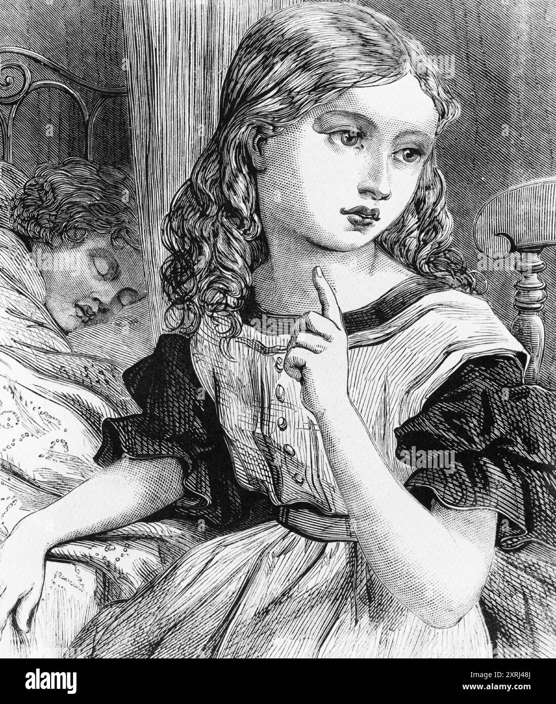 Engraving of a girl warning others to be quiet while her younger ...