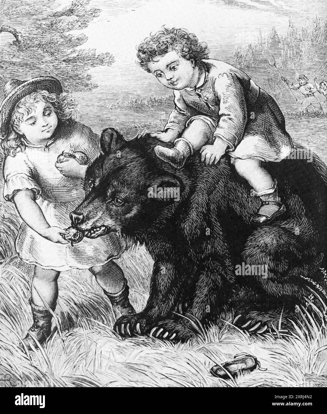 Unusual engraving of two children playing with a bear, circa 1880 Stock ...