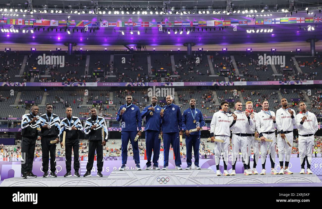 Paris, France. 10th Aug, 2024. Gold medalists team USA (C), silver medalists team Botswana (L ...