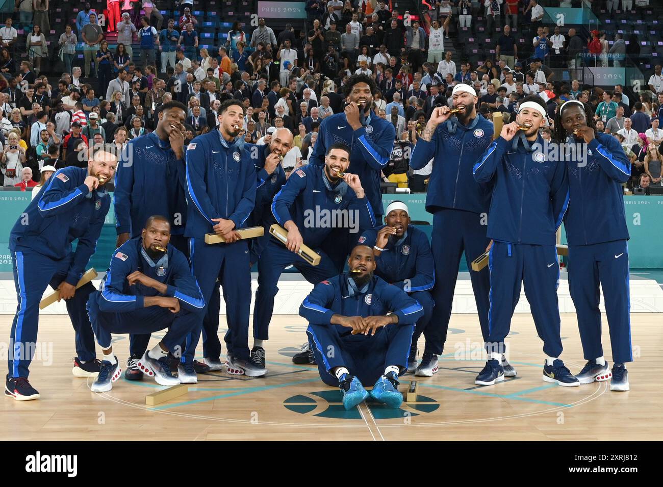 Paris, Fra. 11th Aug, 2024. Team USA Basketball players (l-r) Stephen Curry, Anthony Edwards ...