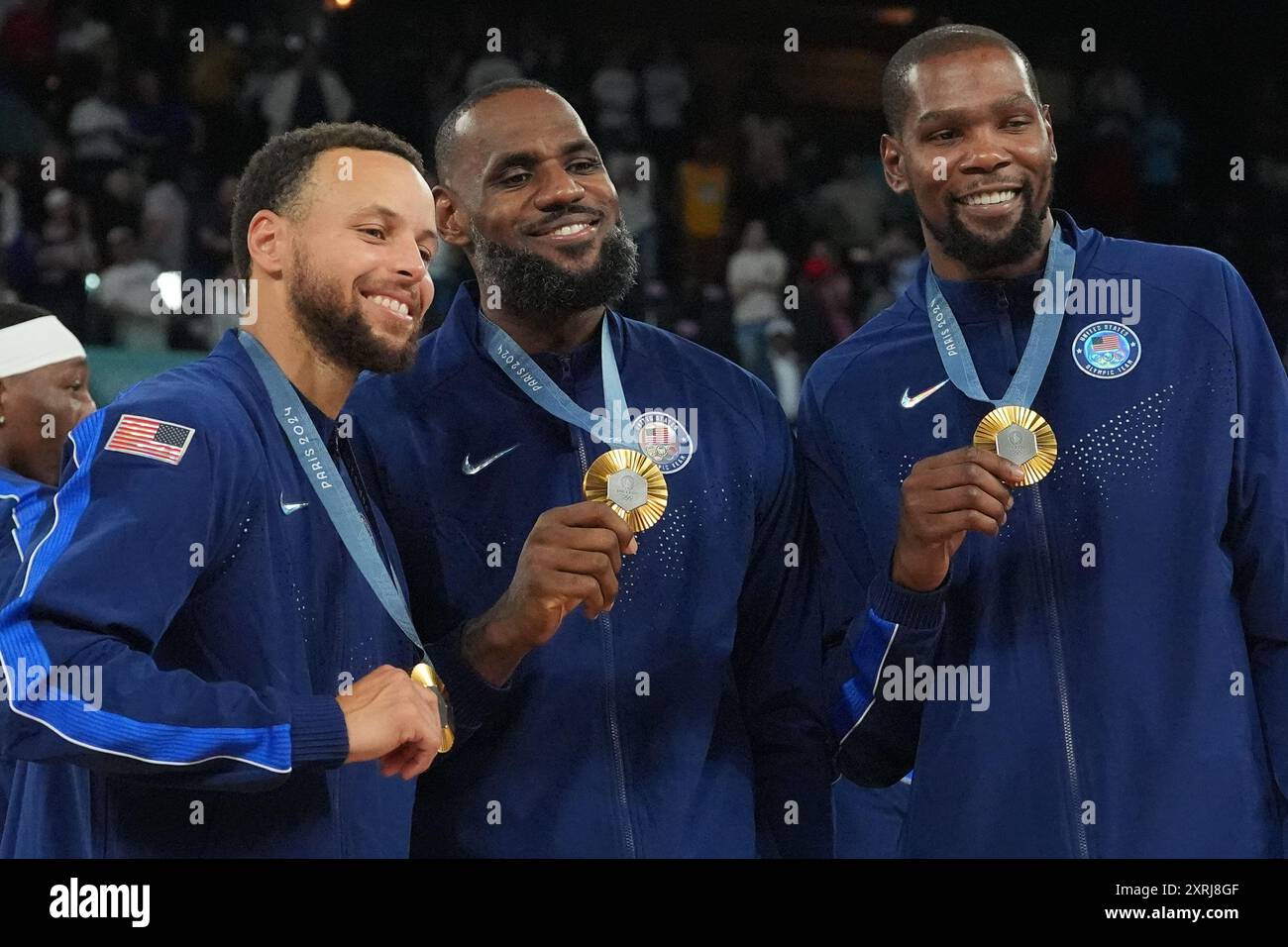 Paris, France. 11th Aug, 2024. From left Stephen Curry, LeBron James ...