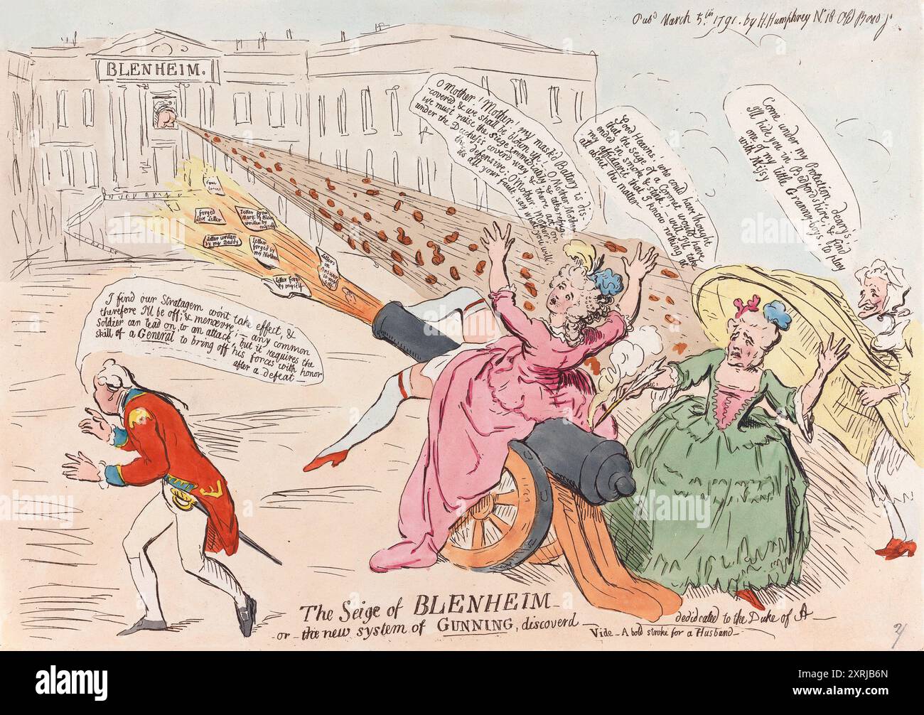 A funny humorous cartoon print coloured engraving of The siege of ...