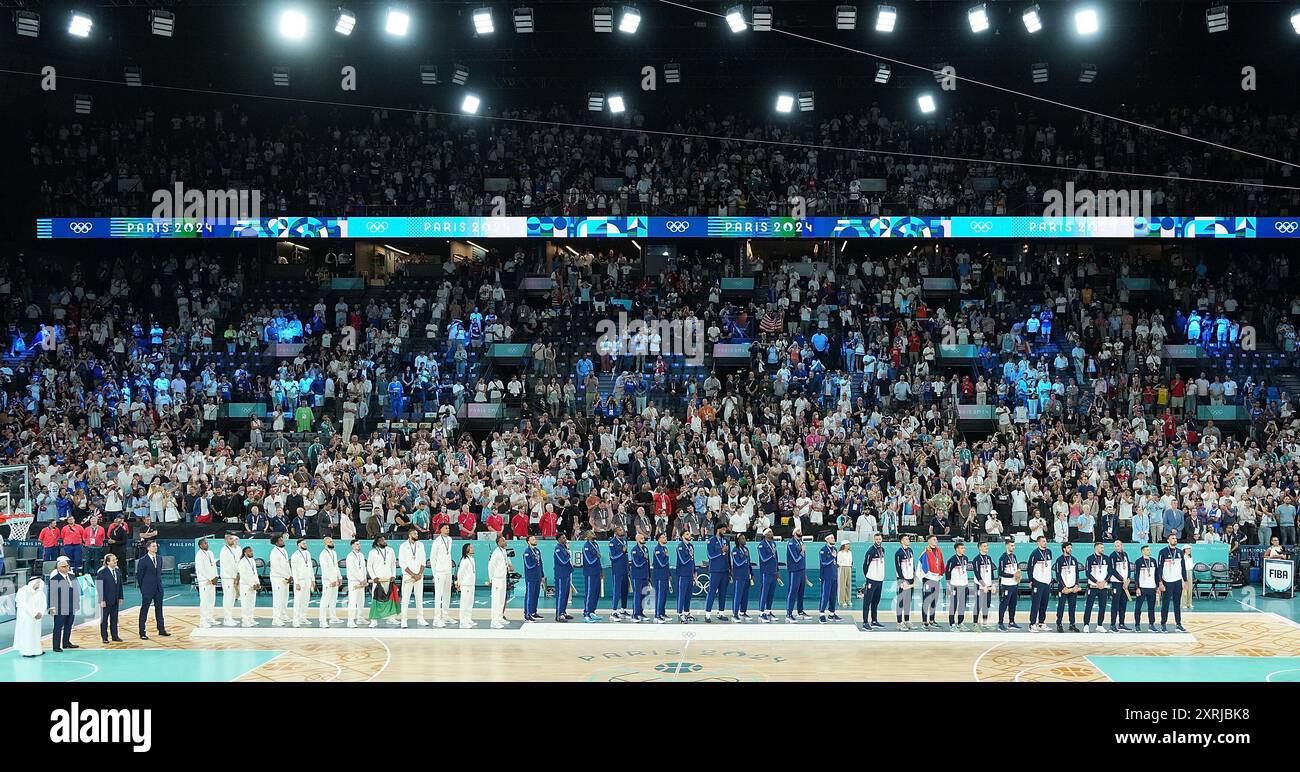 Paris, France. 10th Aug, 2024. Gold medalists team USA, silver medalists team France and bronze ...