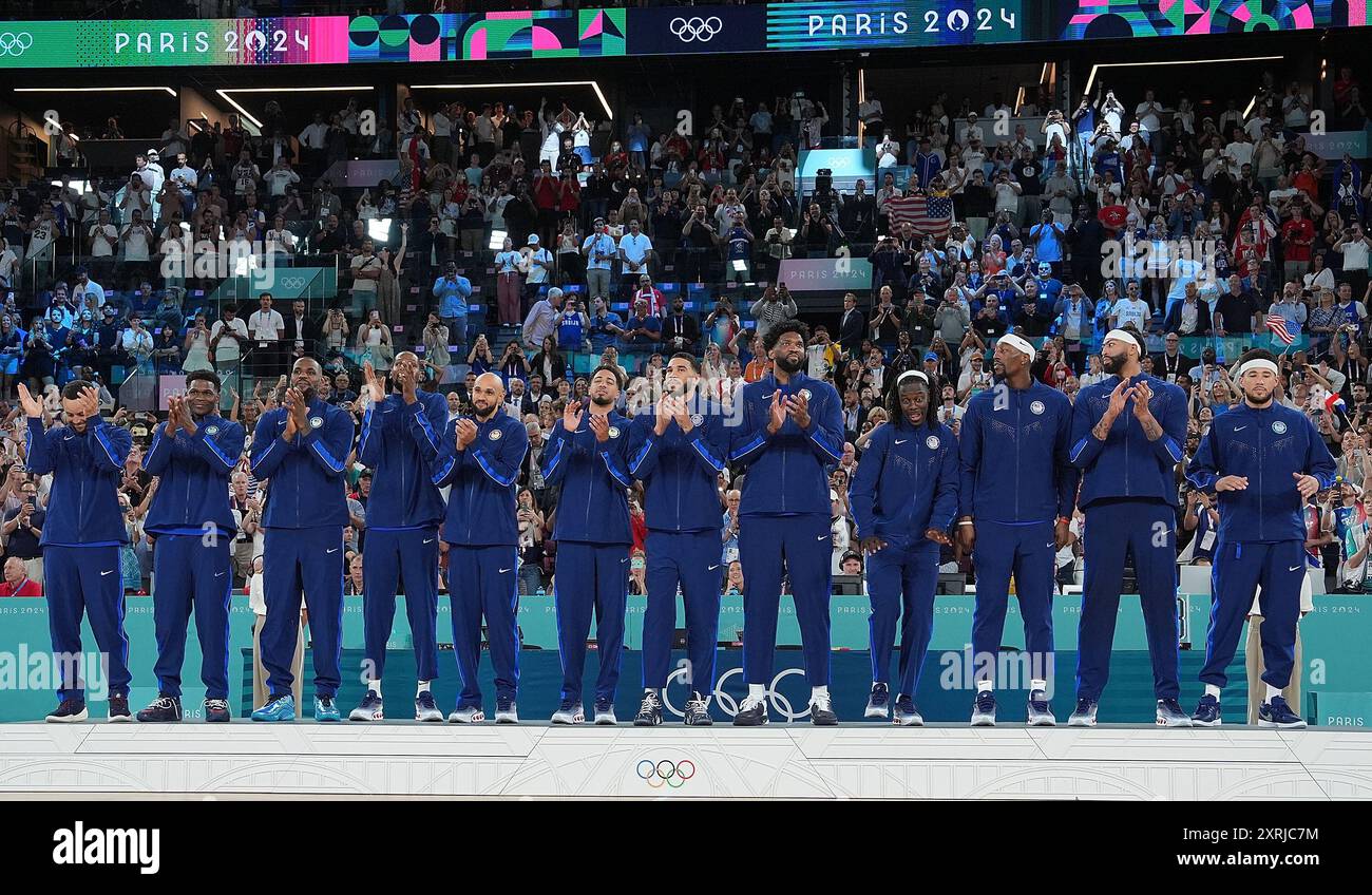 Paris, France. 10th Aug, 2024. Gold medalists team USA attend the victory ceremony for the men's ...
