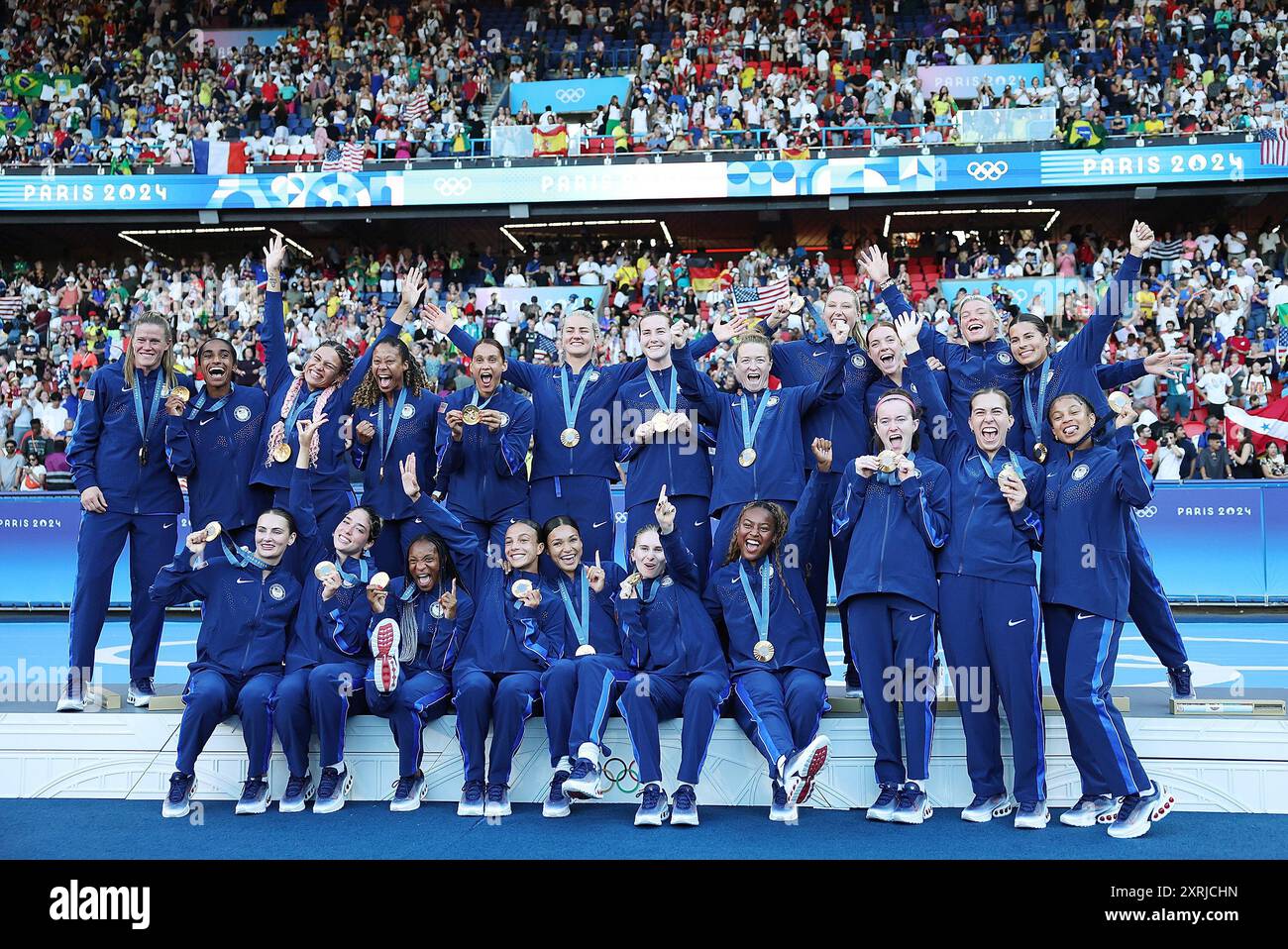 Paris, France. 10th Aug, 2024. Gold medalists team USA react during the victory ceremony of the ...