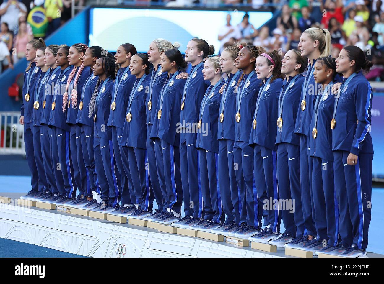 Paris, France. 10th Aug, 2024. Gold medalists team USA react during the victory ceremony of the ...